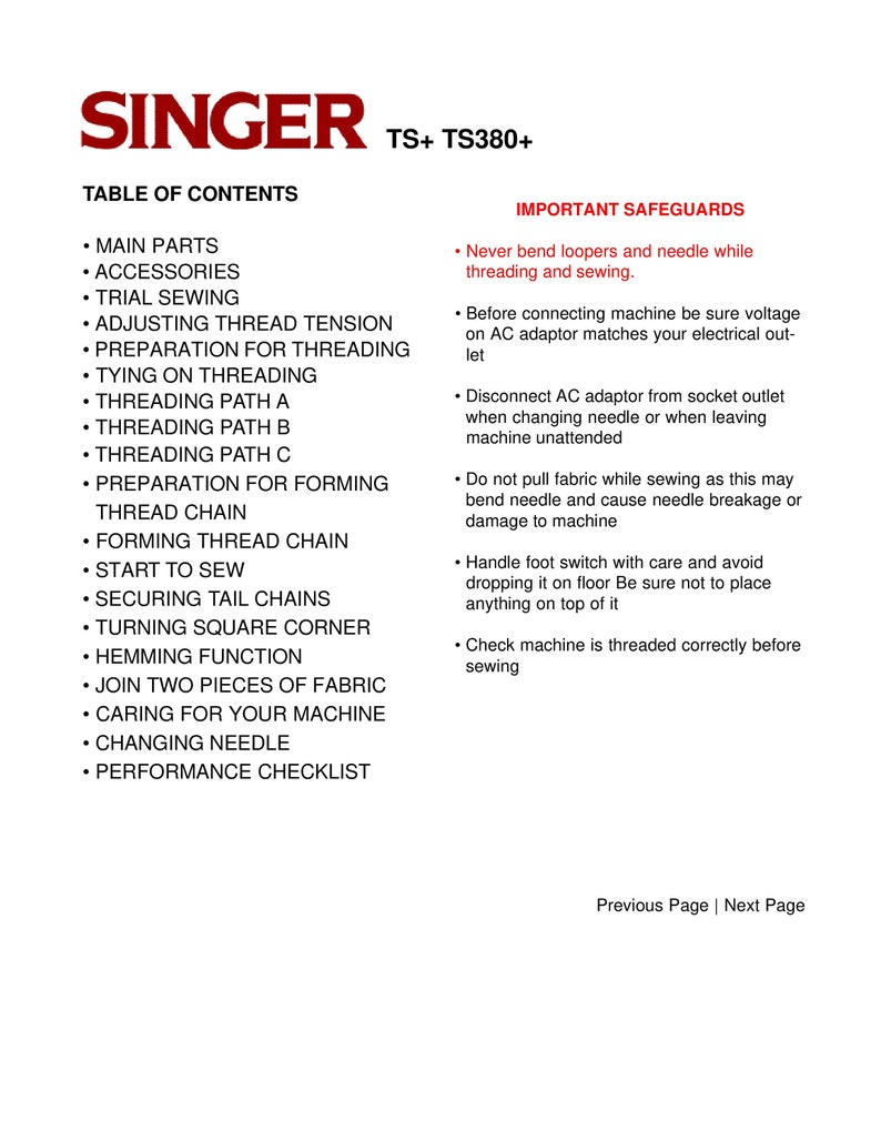 Singer TS+ TS380+ Sewing Machine Instruction Manual (PDF) - Etsy