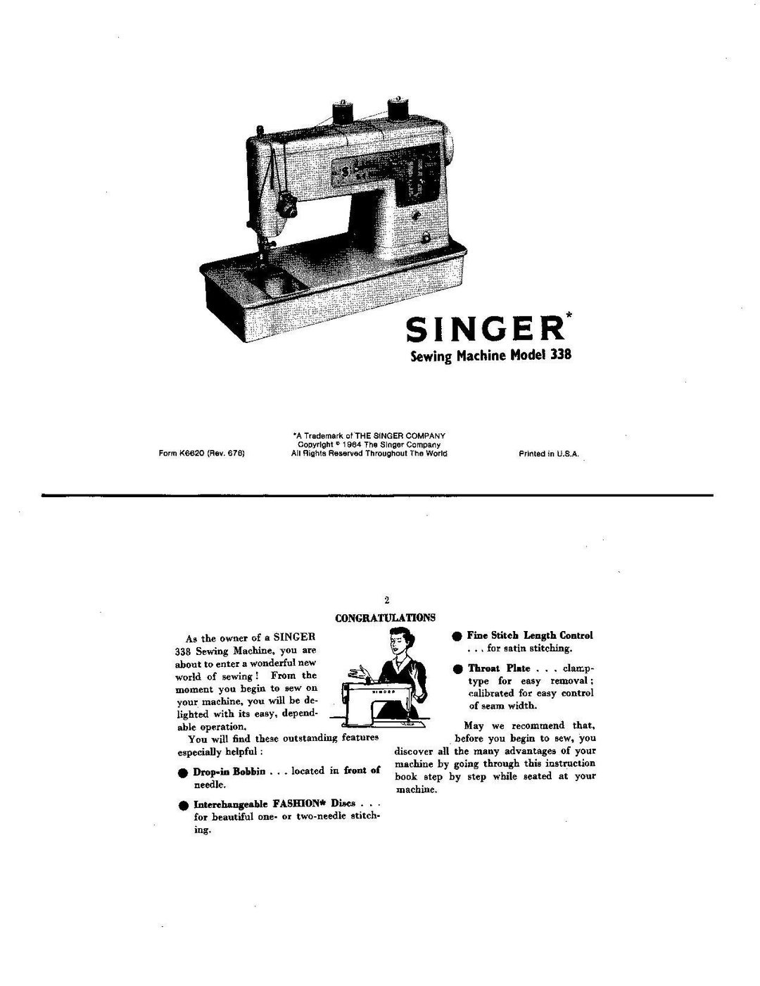 Singer 338 Sewing Machine Instruction Manual - User Manual - Complete ...