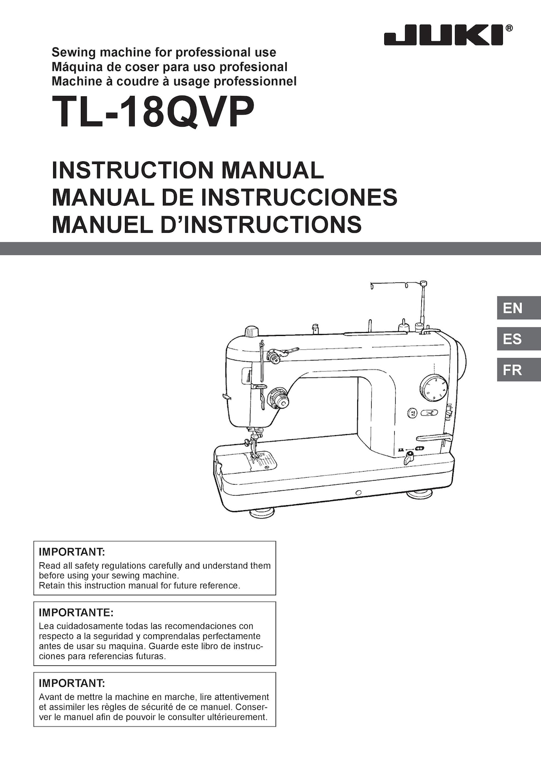Juki TL18QVP Sewing Machine Instruction Manual - User Manual - Complete ...