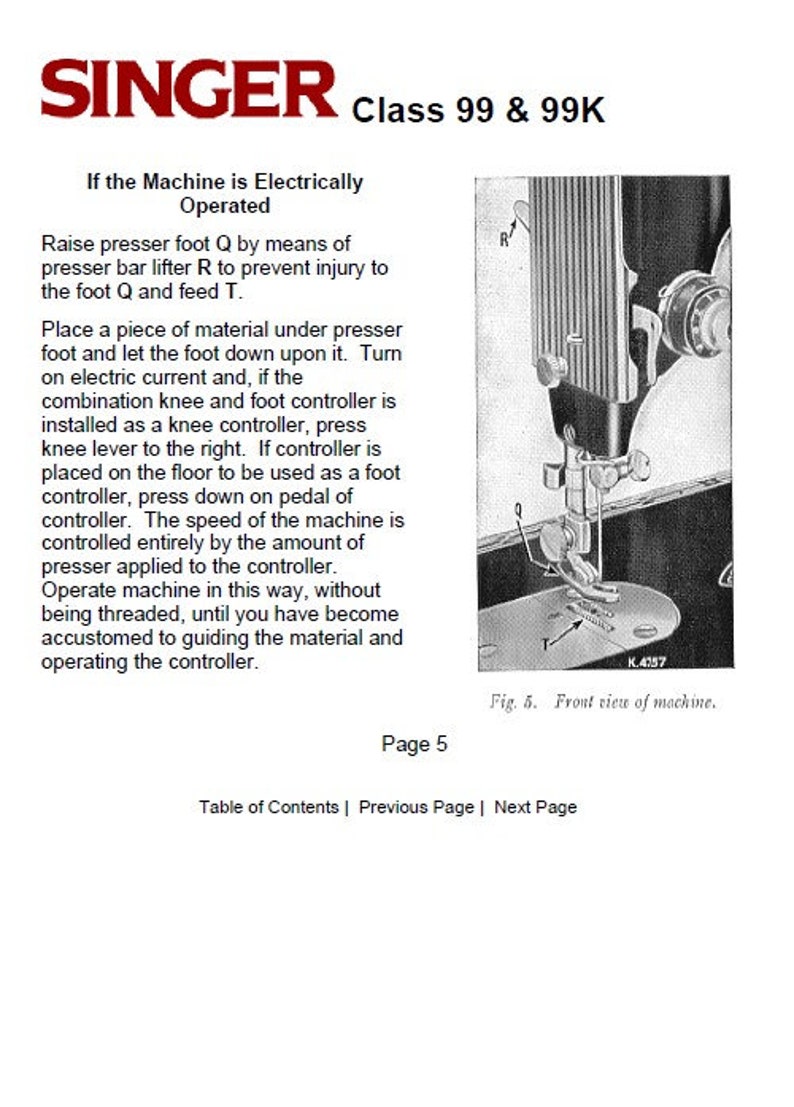 Singer 99 & 99K Sewing Machine Instruction Manual (PDF) - Etsy