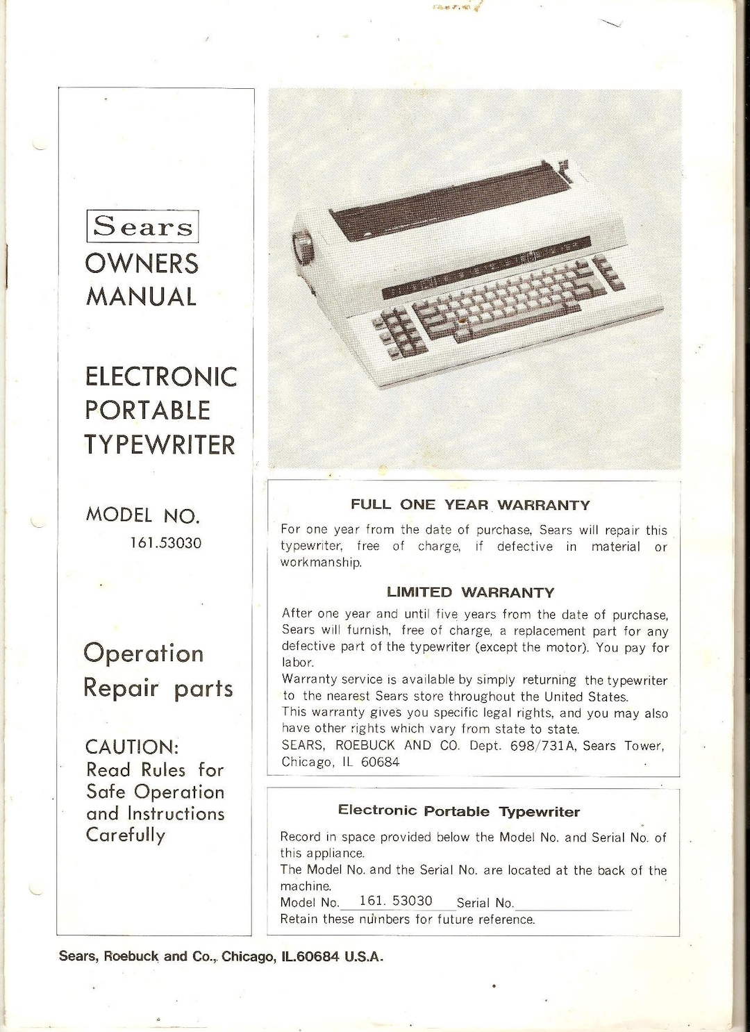 Sears Electronic Communicator Typewriter Instruction Manual - User ...