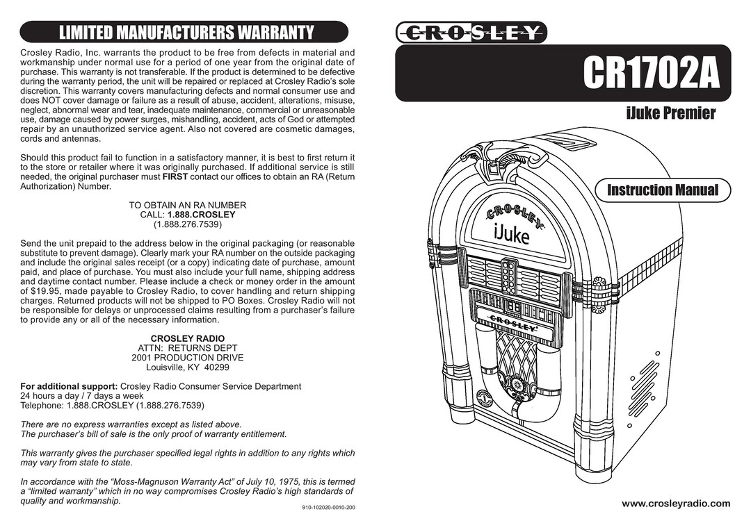 Crosley - Ijuke Premier Jukebox User Manual - CR1702A - Owners Manual ...