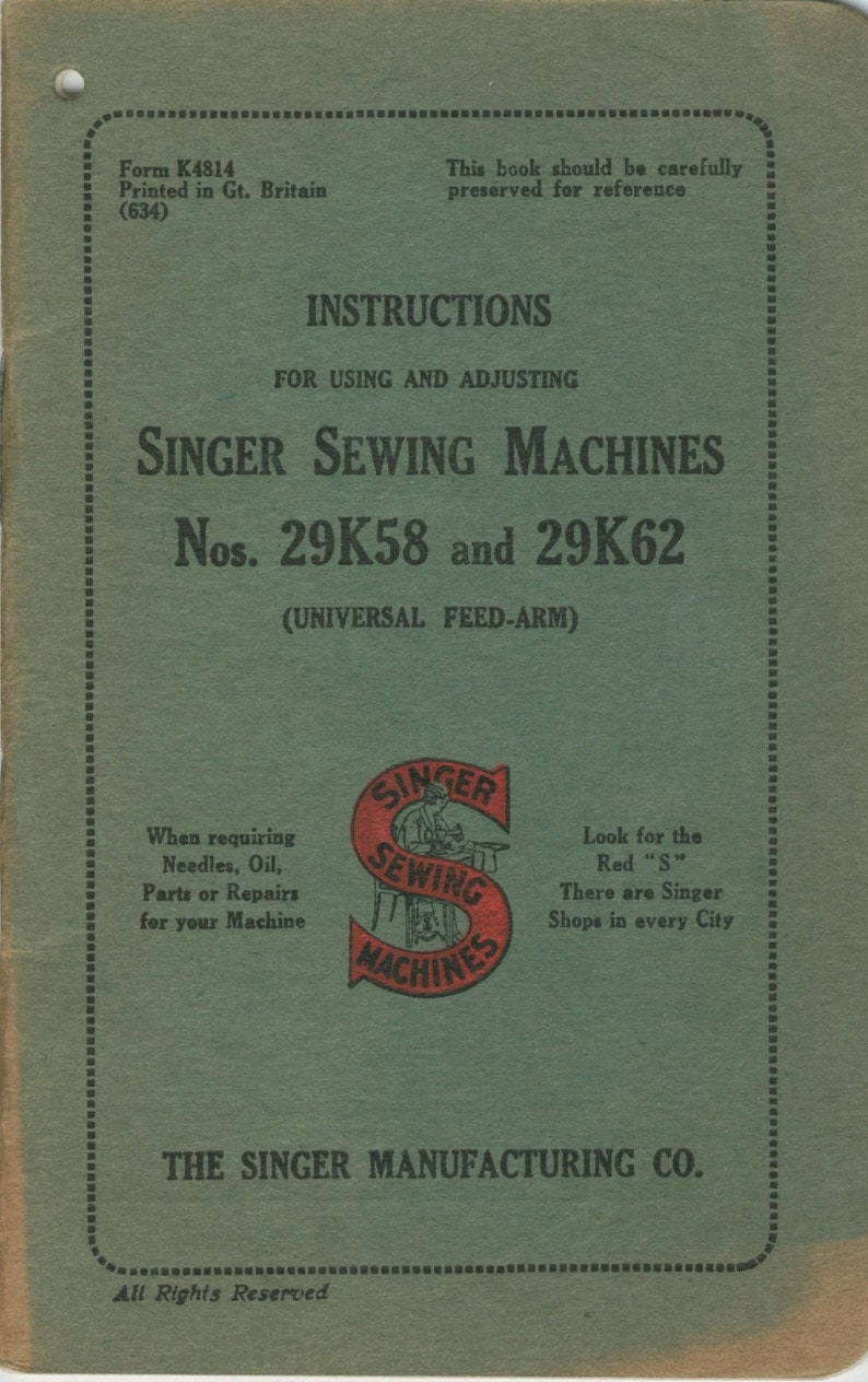Singer 29K58 29K62 Sewing Machine Instruction Manual User Manual ...