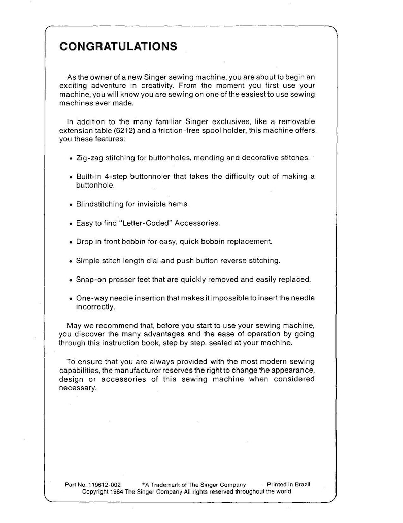 Singer 6202 6212 Sewing Machine Instruction Manual (PDF) - Etsy