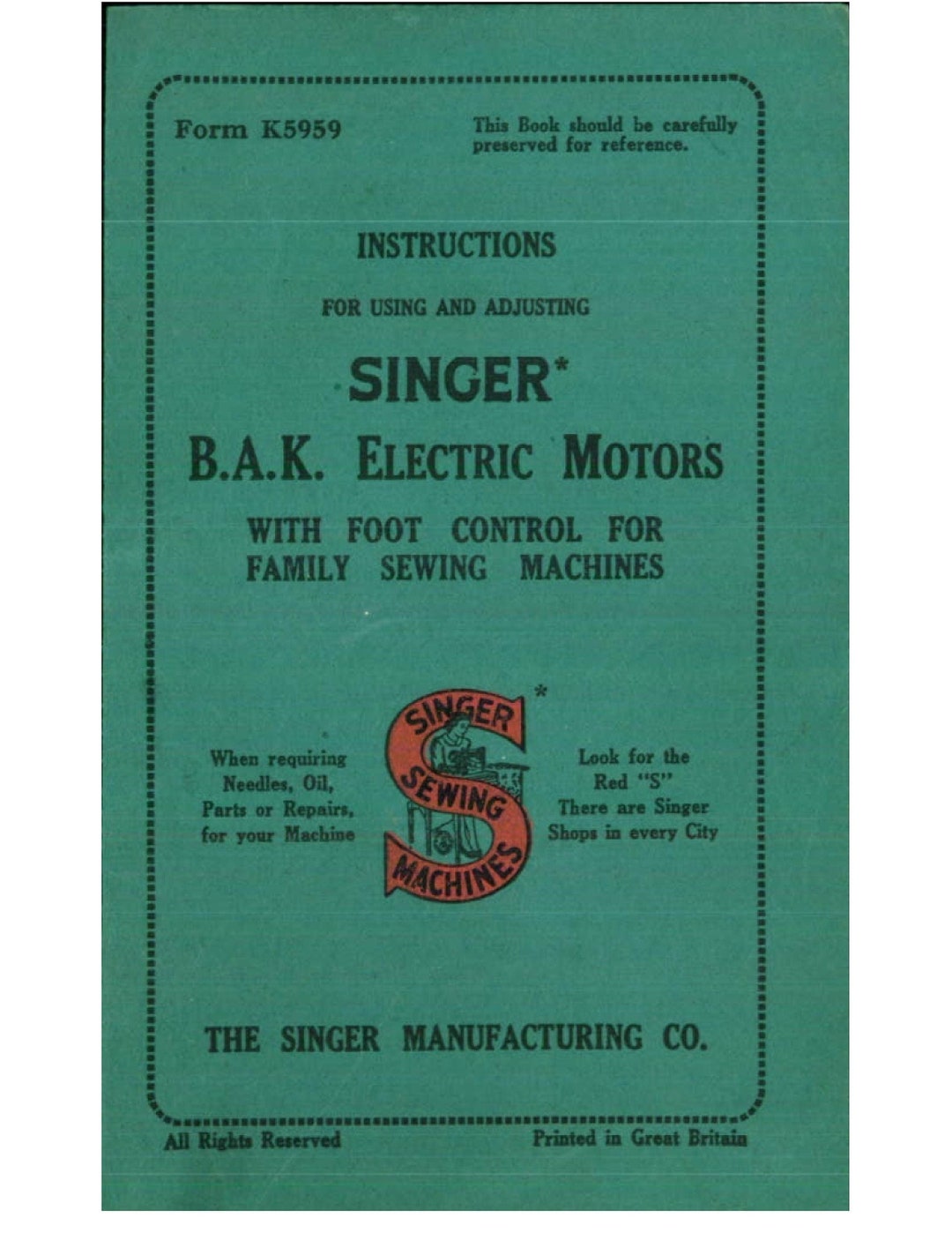 Singer BAK Electric Motor Instructions - Instruction Manual - User ...