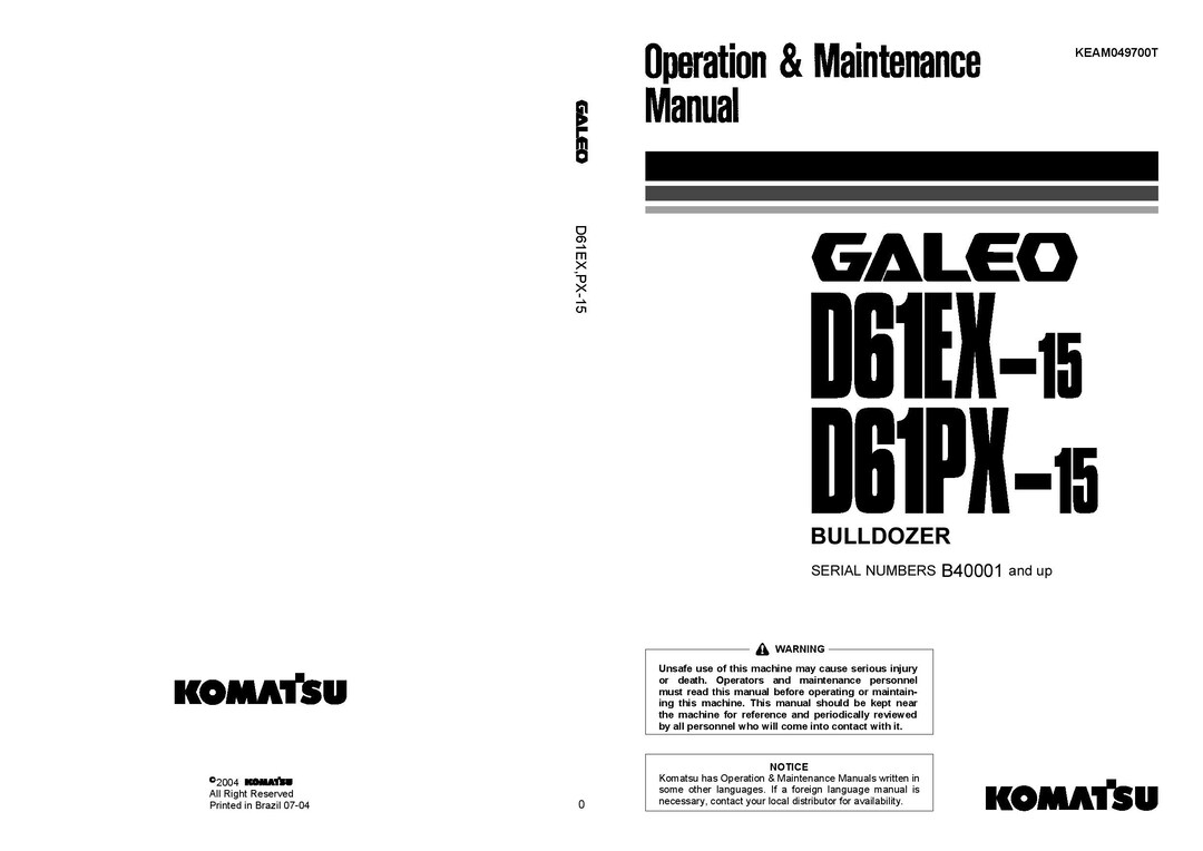 Komatsu D61EX-15 - D61PX-15 GALEO Bulldozer Operators Manual ...