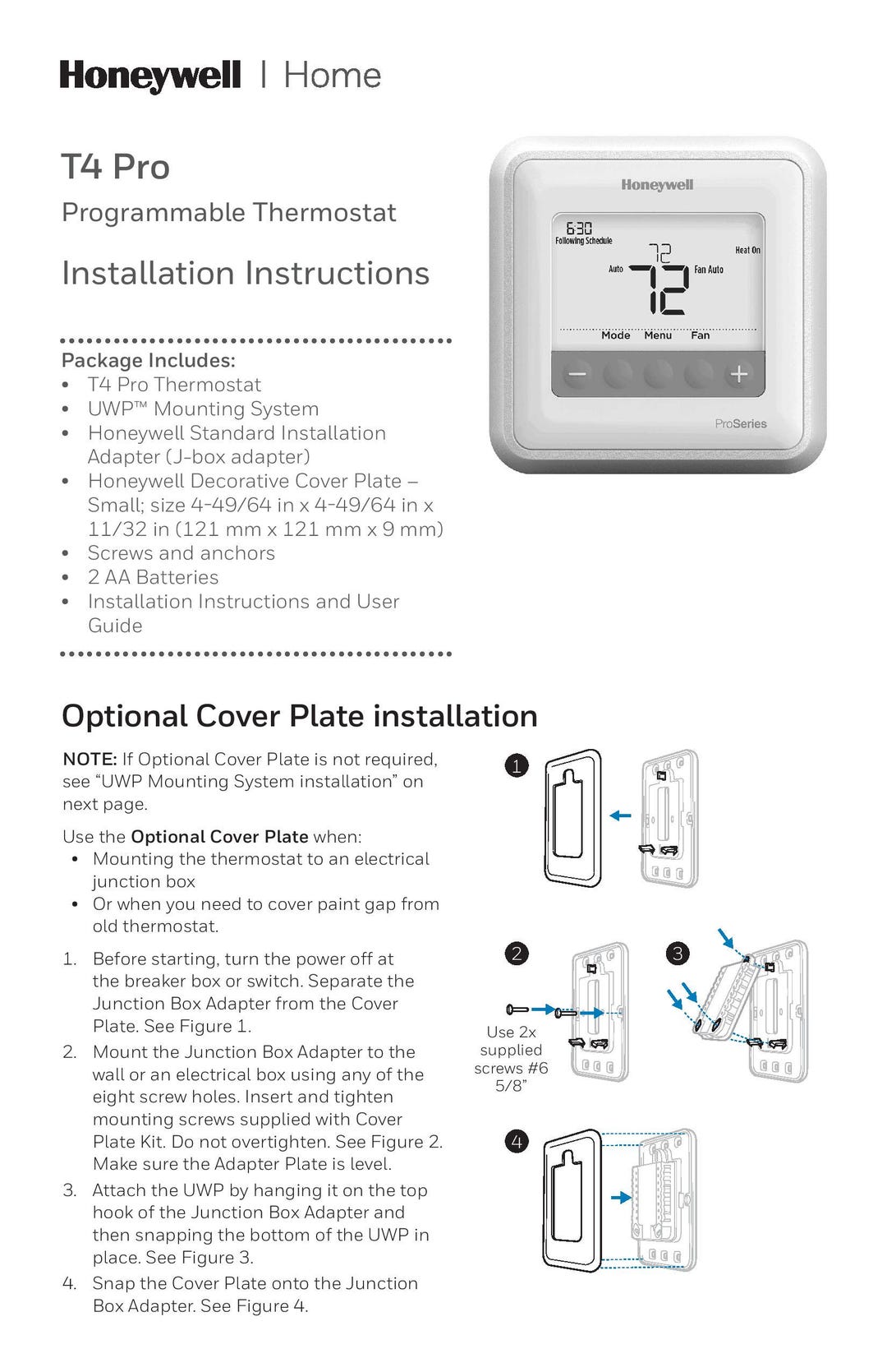 Honeywell T4 PRO Programmable Thermostat Technical Manual and Quick ...