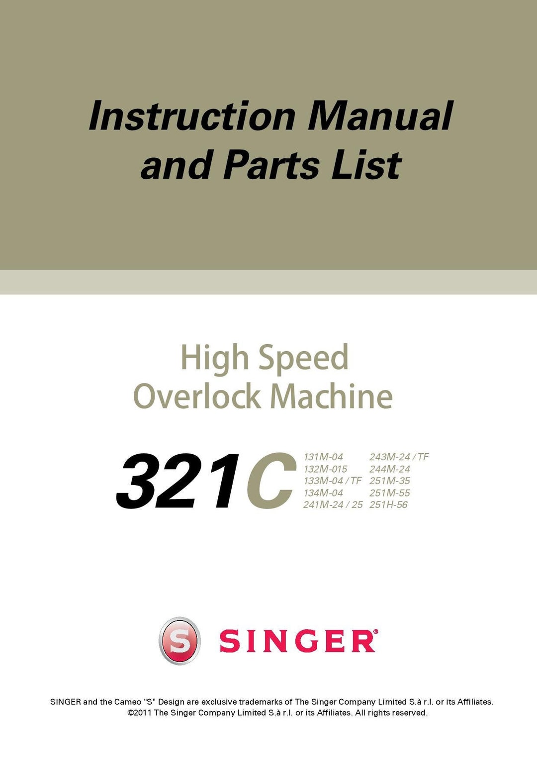 Singer 321C High Speed Overlock Machine Instruction Manual + Parts ...
