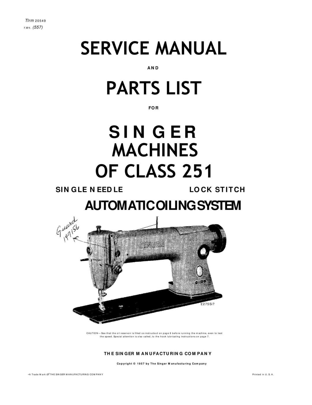 Singer Class 251 Sewing Machine Service Manual and Parts List - Repair ...