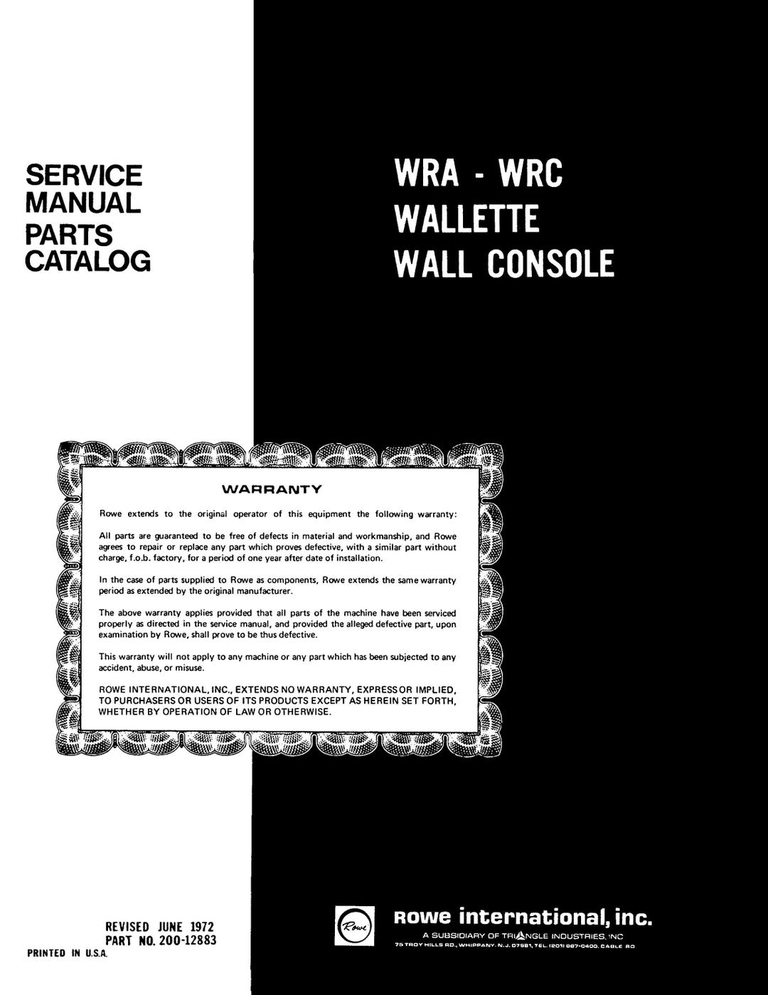 Rowe-ami - WRA-WRC - Wallette - Wall Console - Service Manual - Parts ...
