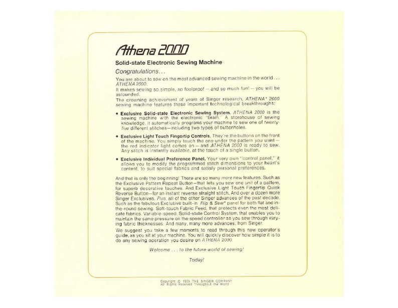 Singer 2000 Athena Sewing Machine Instruction Manual (PDF) - Etsy