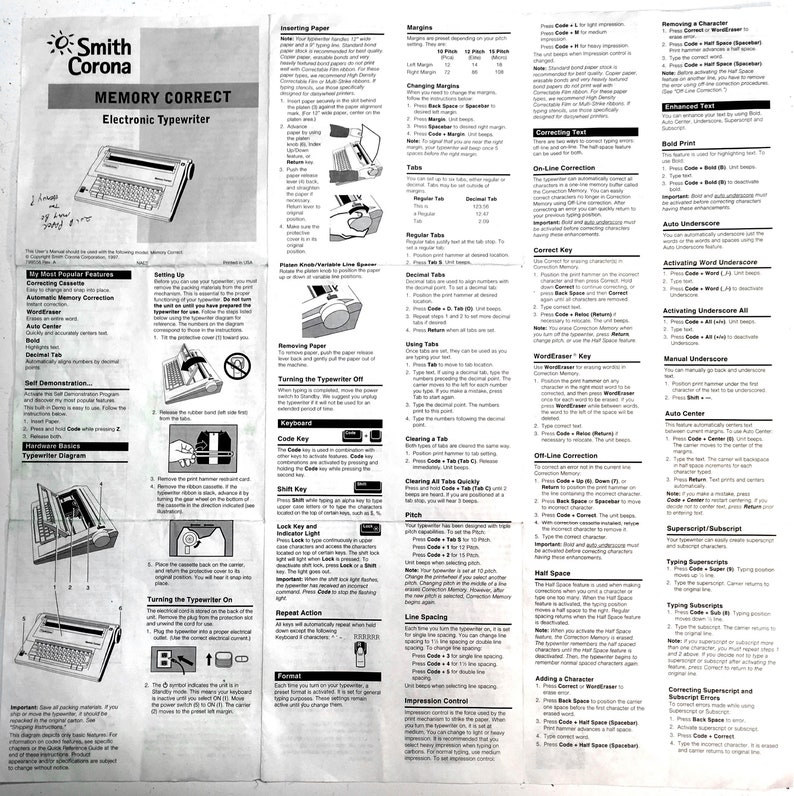 Smith Corona Memory Correct Typewriter User Manual (digital PDF ...