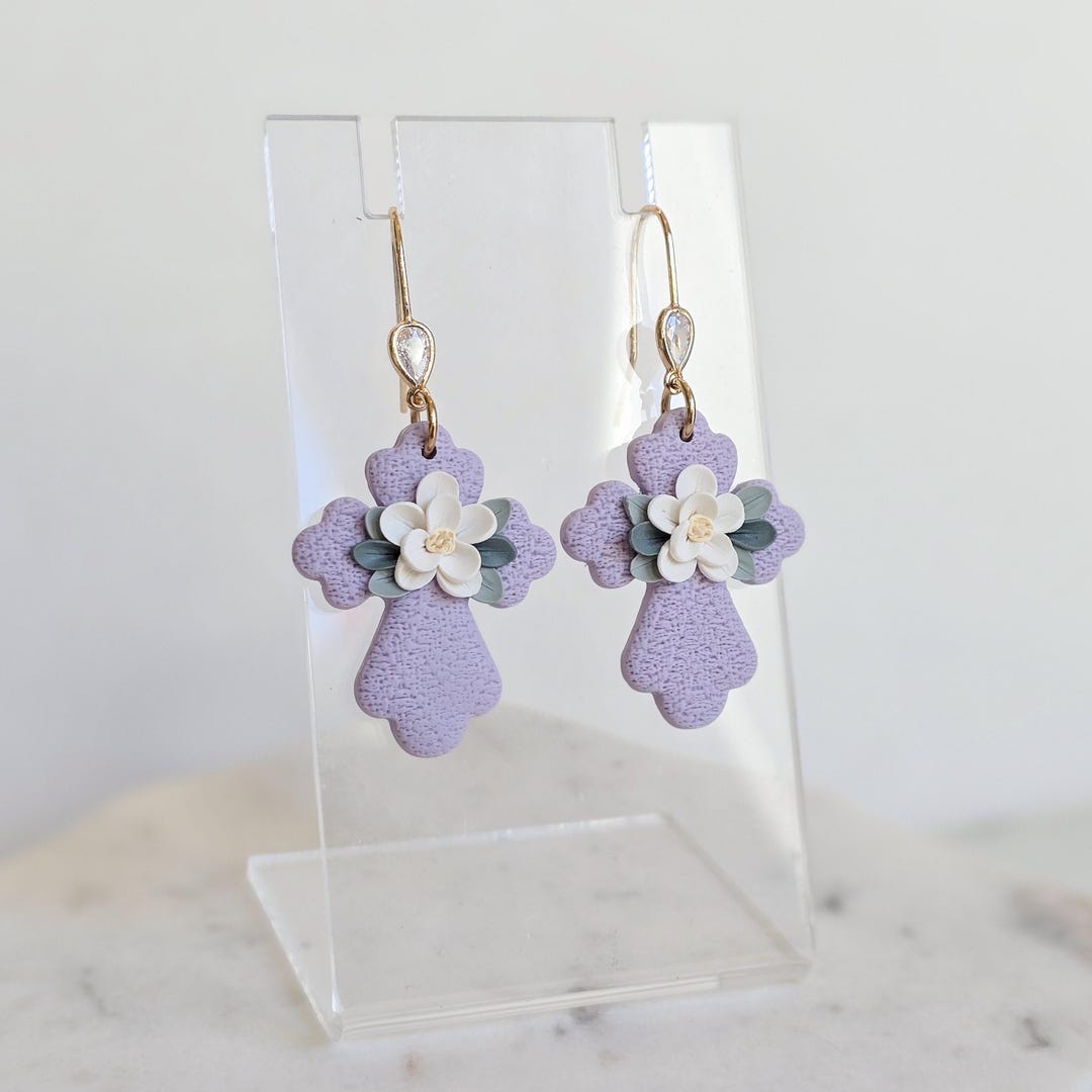 Pastel Floral Christian Cross Earrings-spring Cross Unique Jewlery-handmade Easter Earrings ...
