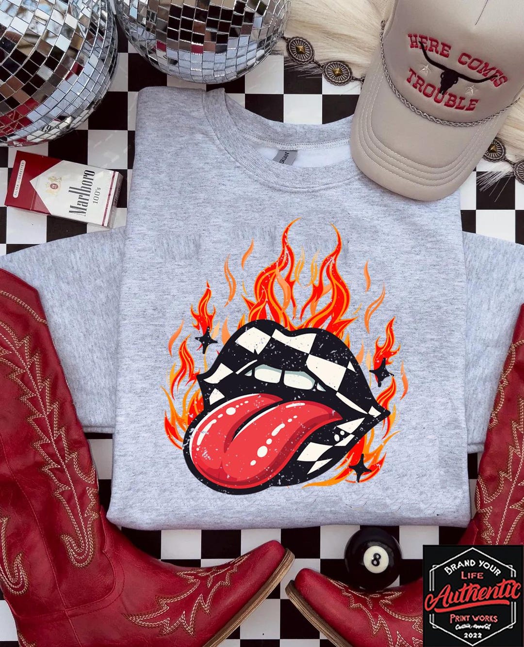 Checkered Lips Flames PNG, Trendy, Retro T Shirt Design - Etsy