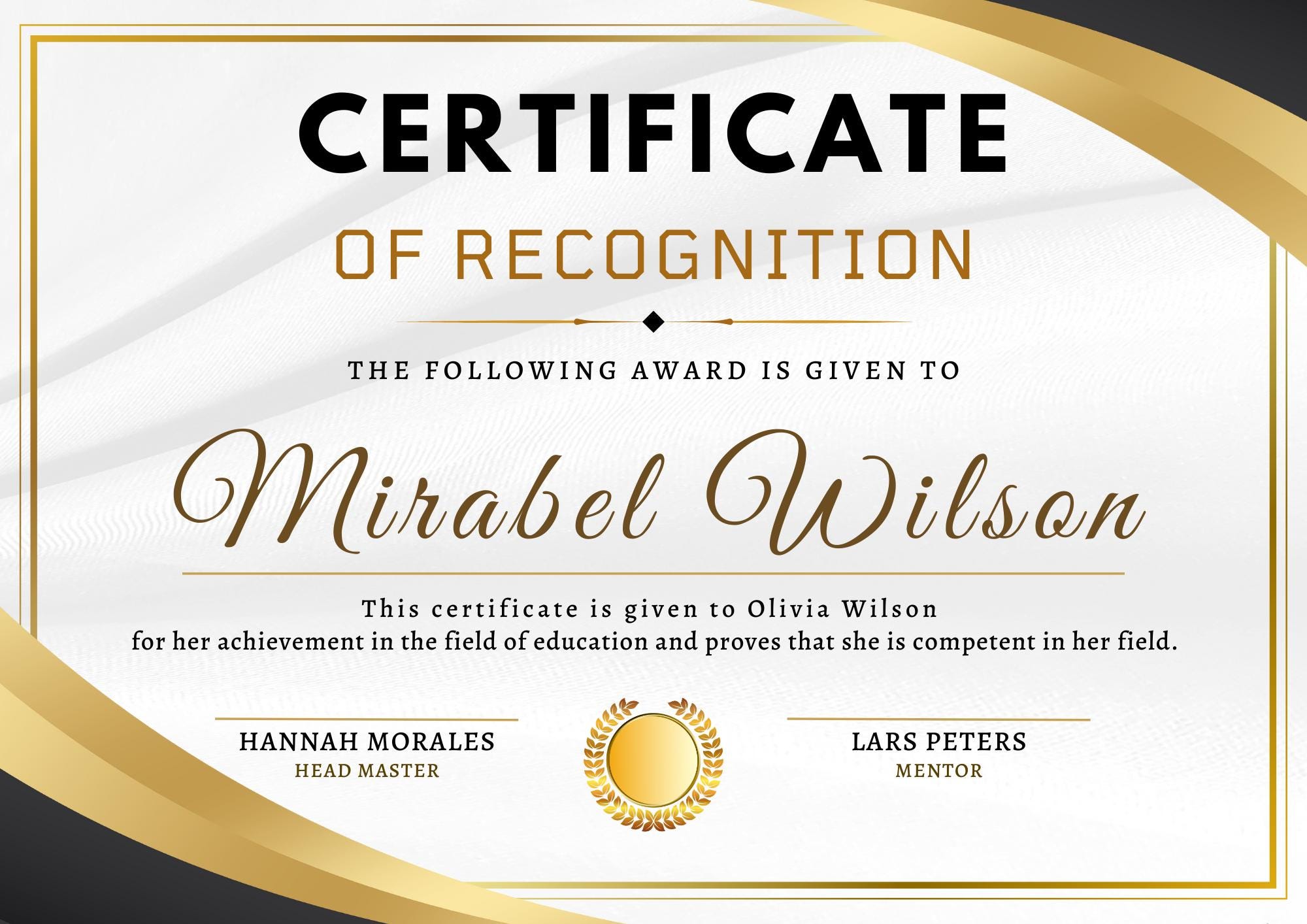 Printable Gold Black Certificate of Recognition Template, Elegant ...