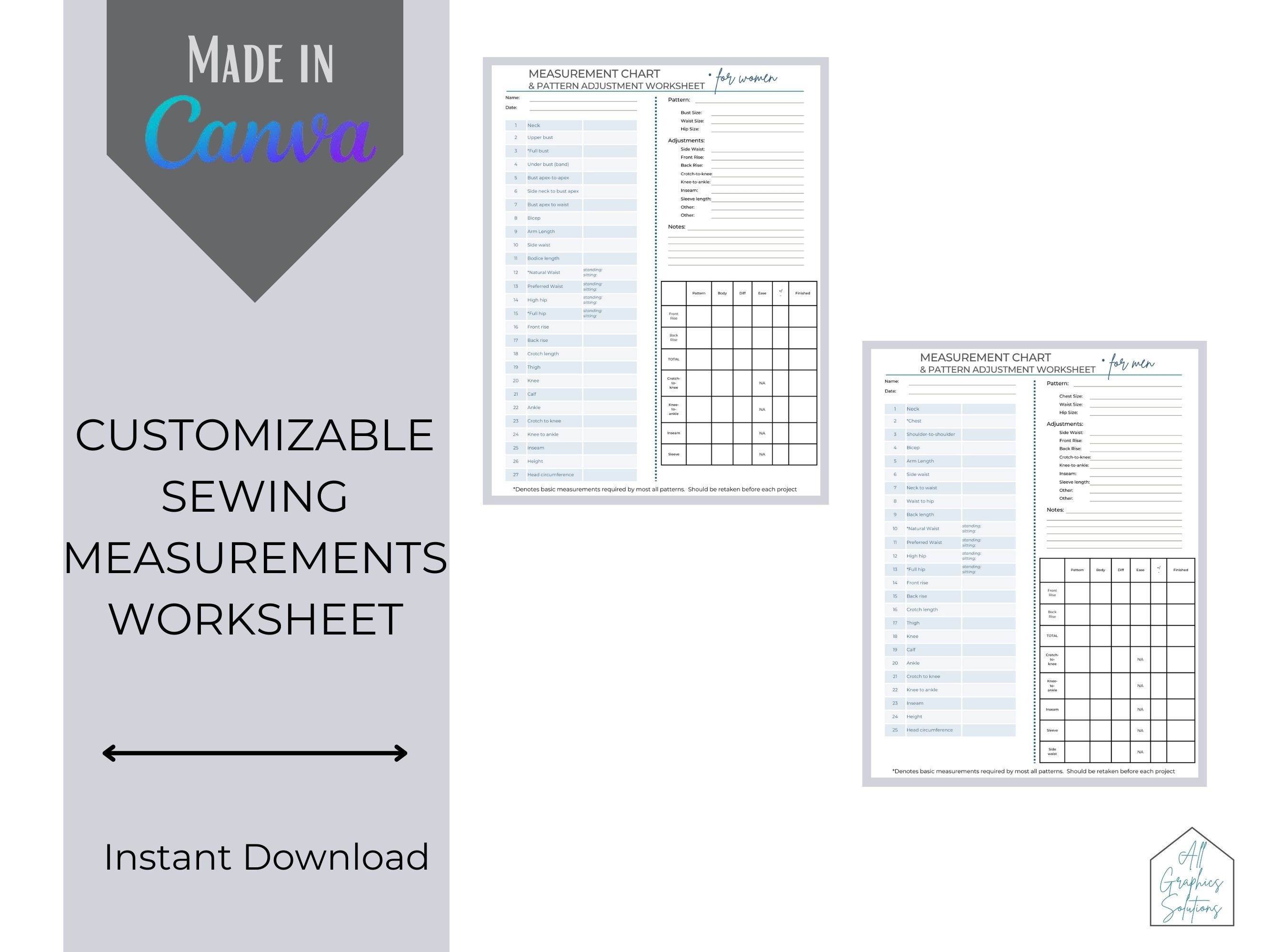 Customizable Sewing Measurements and Pattern Adjustment Worksheets - Etsy