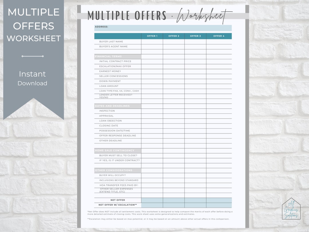 Real Estate Multiple Offers Worksheet Template (canva Digital Download ...