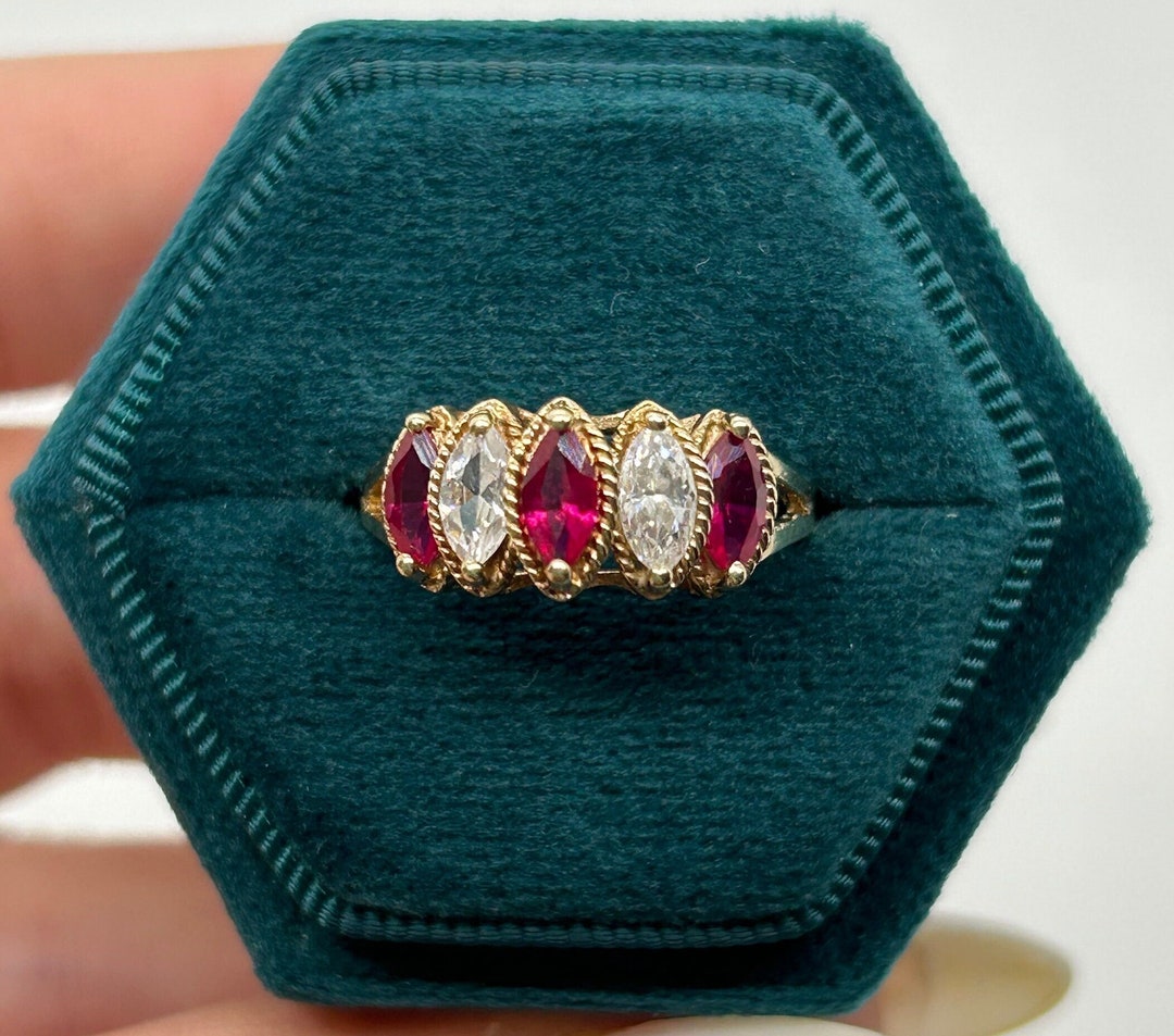10k Yellow Gold Marquise Five Stone Synthetic Rubies & Cubic Zirconia Ring Sz 6.5 - Etsy