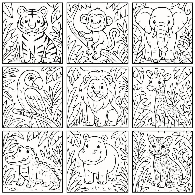 Printable Jungle Animal Coloring Page – Cute Safari Animals for Kids ...