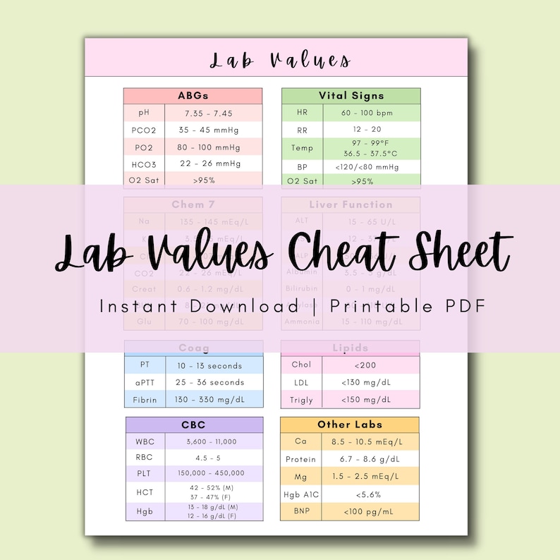 Laboratory Values Cheat Sheet, Nurse, Nursing Student, Lab Value Study ... Laboratory Values Cheat Sheet, Nurse, Nursing Student, Lab Value Study ...