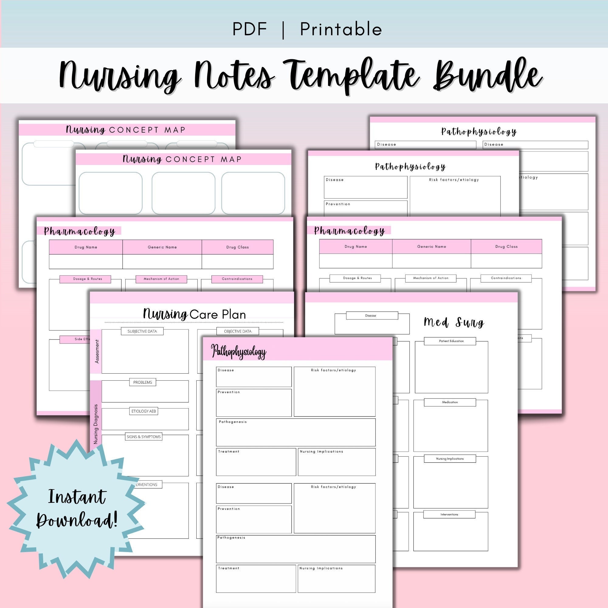 Nurse Student Printable Nursing Notes BUNDLE, Concept Map ...