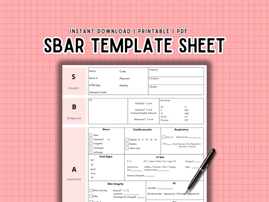 SBAR Template Sheet, SBAR, Nursing Student SBAR, Nurse, Printable ...
