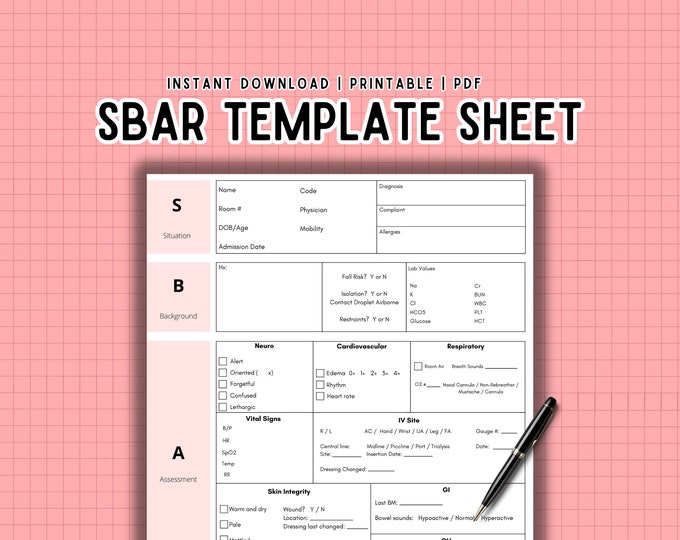 SBAR Template Sheet, SBAR, Nursing Student SBAR, Nurse, Printable ...