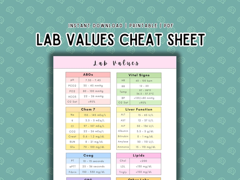 Laboratory Values Cheat Sheet, Nurse, Nursing Student, Lab Value Study ...