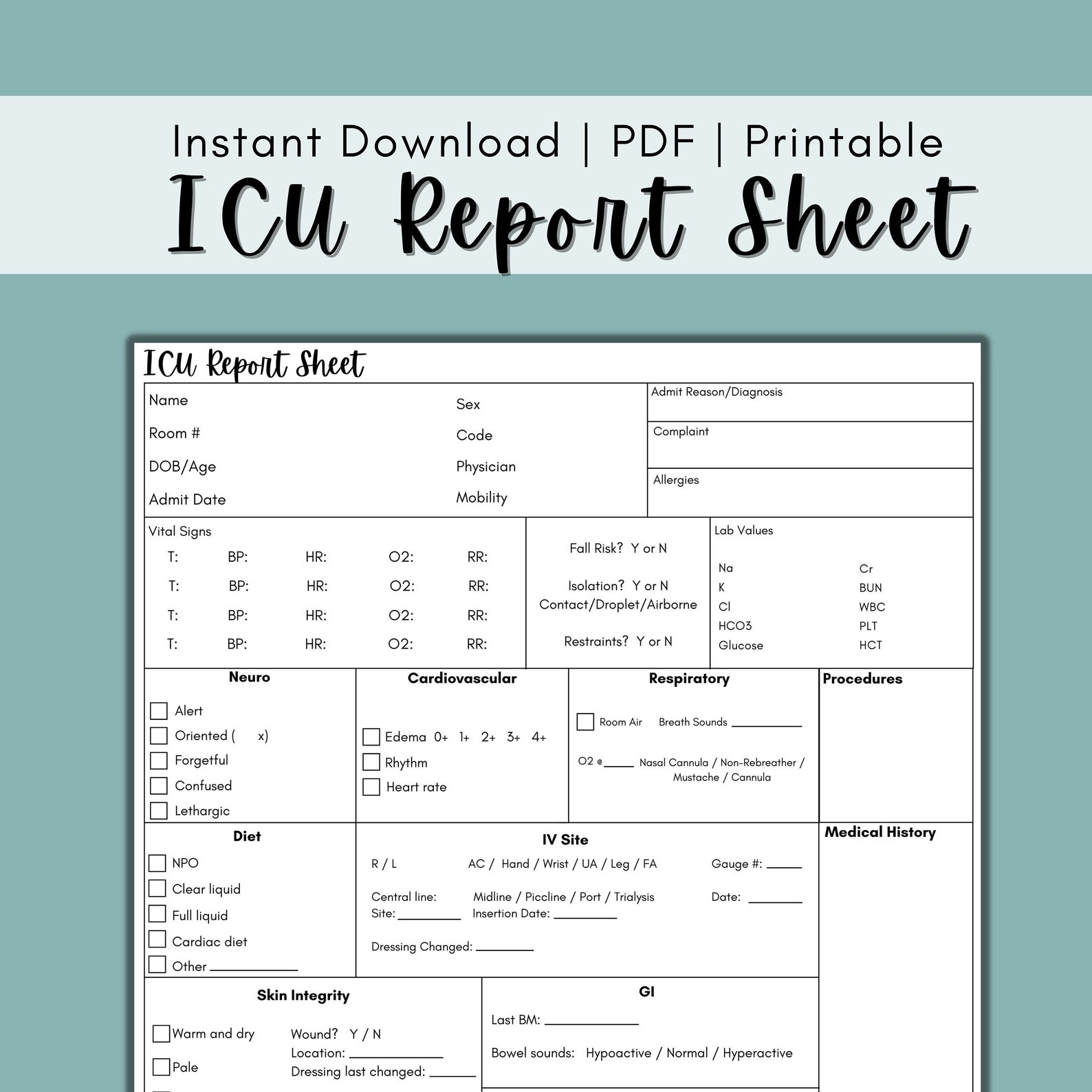ICU Nurse Report Sheet, Critical Care Nurse Sheet, Nurse Report Sheet ...
