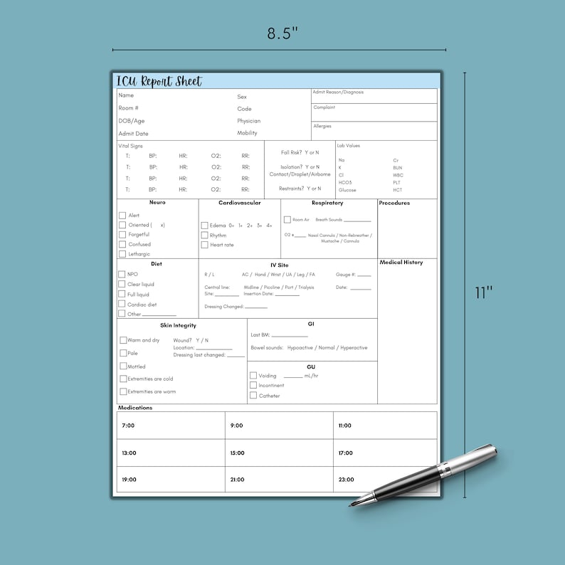 ICU Report Sheet Critical Care Nurse Report Sheet Critical - Etsy