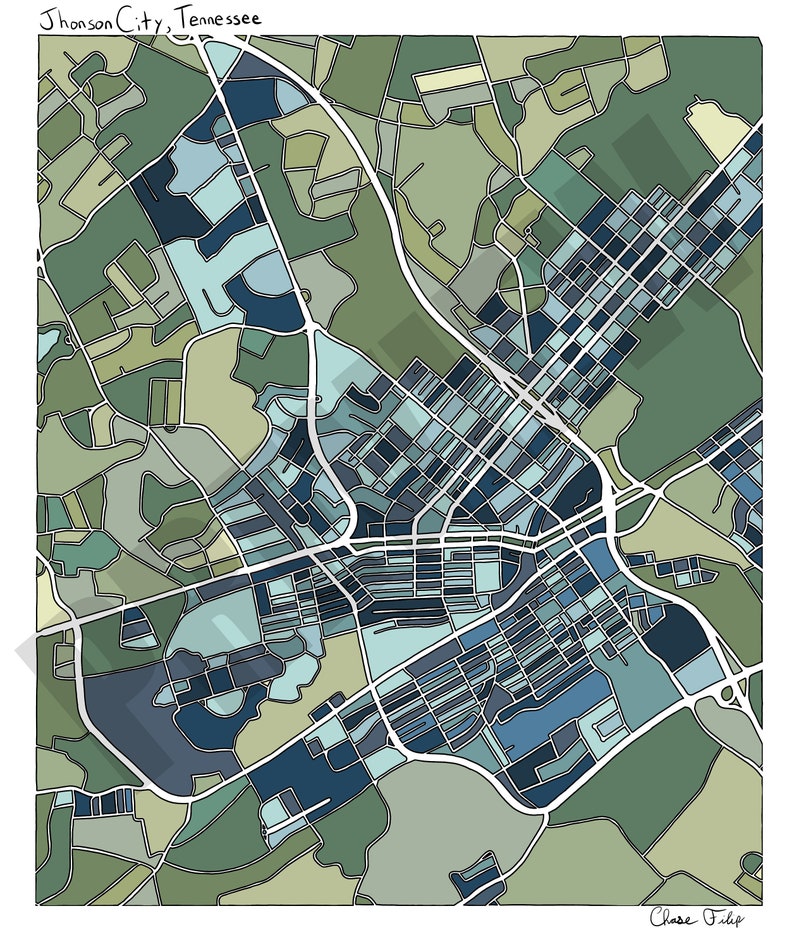 Johnson City TN Hand-drawn City Map • Digital Download (PDF & PNG ...