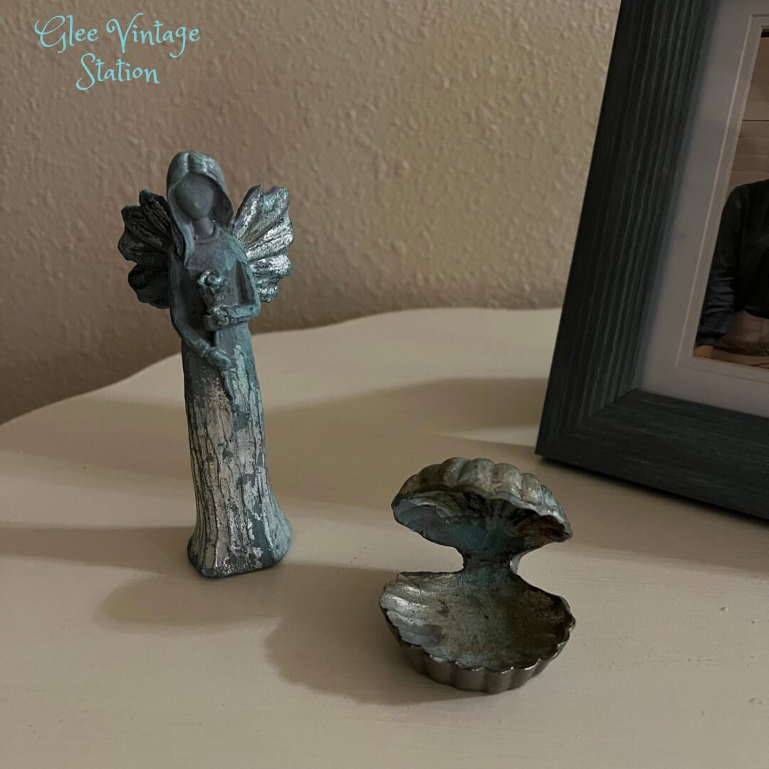 Teal Angel and Shell Figurine Set, Jewelry Holder, Home Decor - Etsy