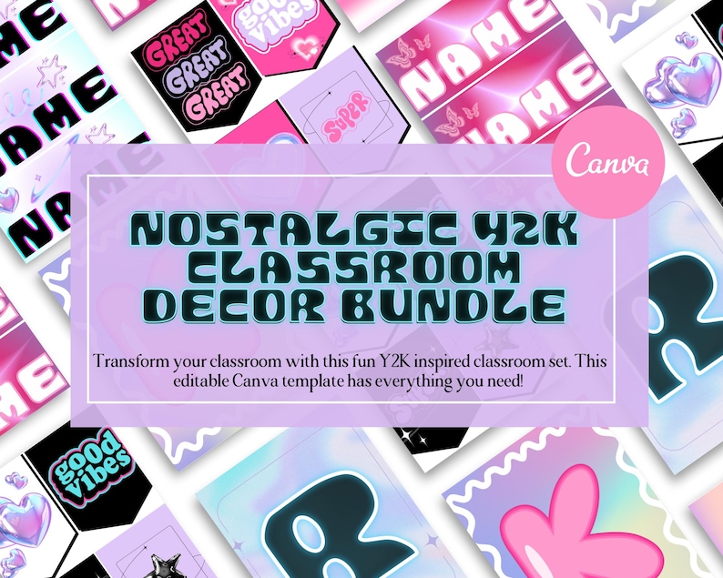 Space Y2K Nostalgic Classroom Decor Bundle, Editable Canva Template for ...