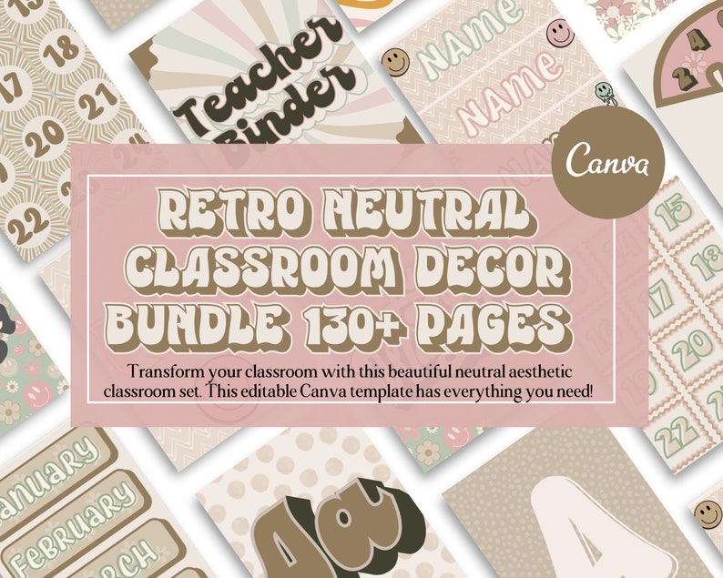 Neutral Retro Classroom Decor Bundle, Editable Canva Template for ...