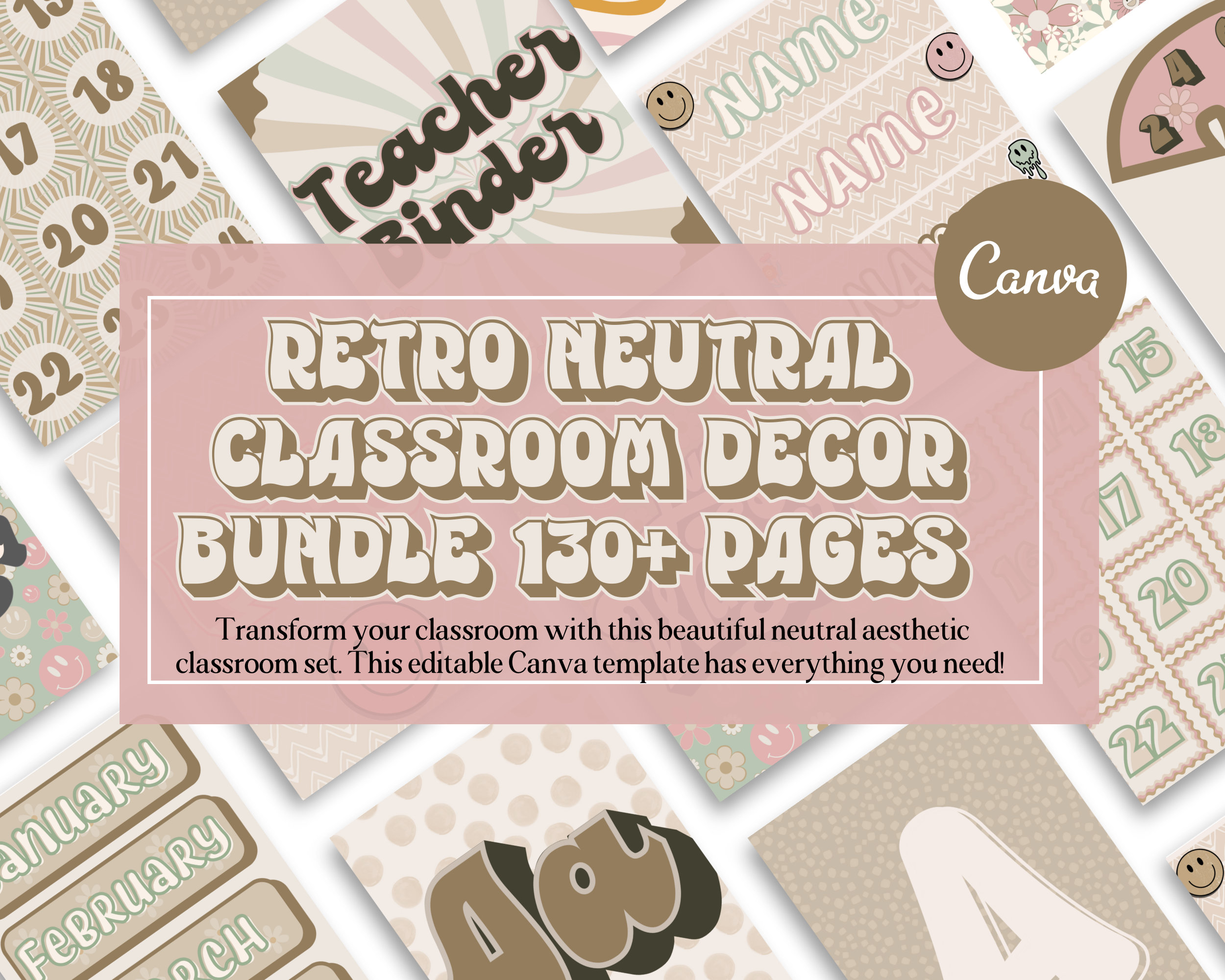 Neutral Retro Classroom Decor Bundle, Editable Canva Template for ...