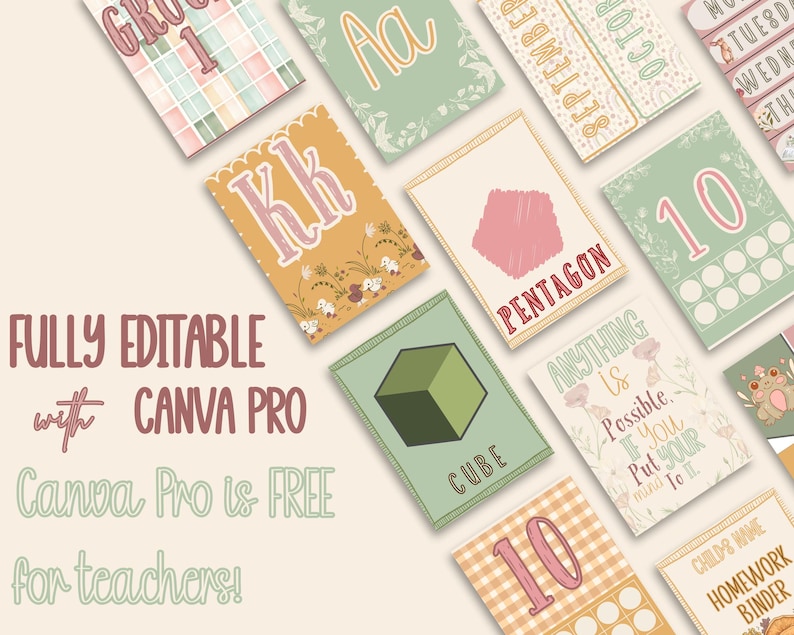 Cozy Classroom Decor Bundle, Cottagecore, Editable Canva Template for ...