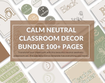Calm Neutral Boho Classroom Decor Bundle, Editable Canva Template for ...