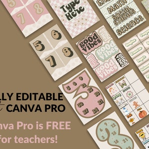 Neutral Retro Classroom Decor Bundle, Editable Canva Template for ...