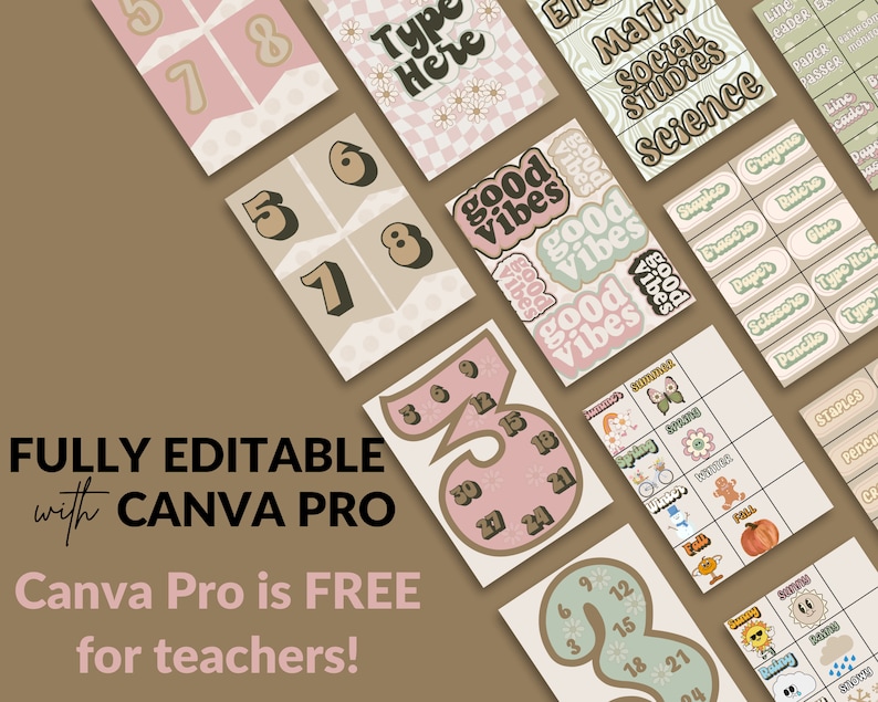 Neutral Retro Classroom Decor Bundle, Editable Canva Template for ...