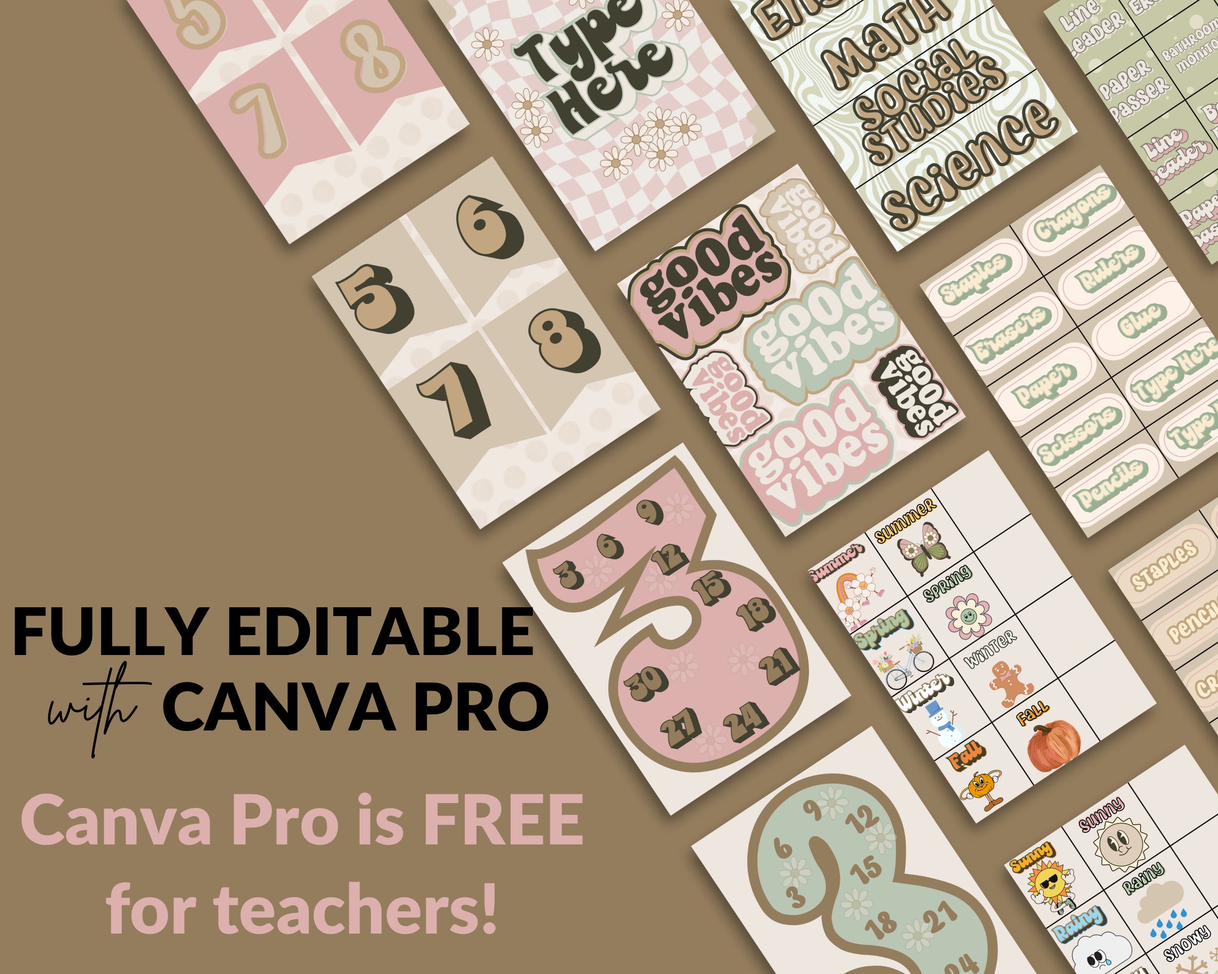 Neutral Retro Classroom Decor Bundle, Editable Canva Template for ...