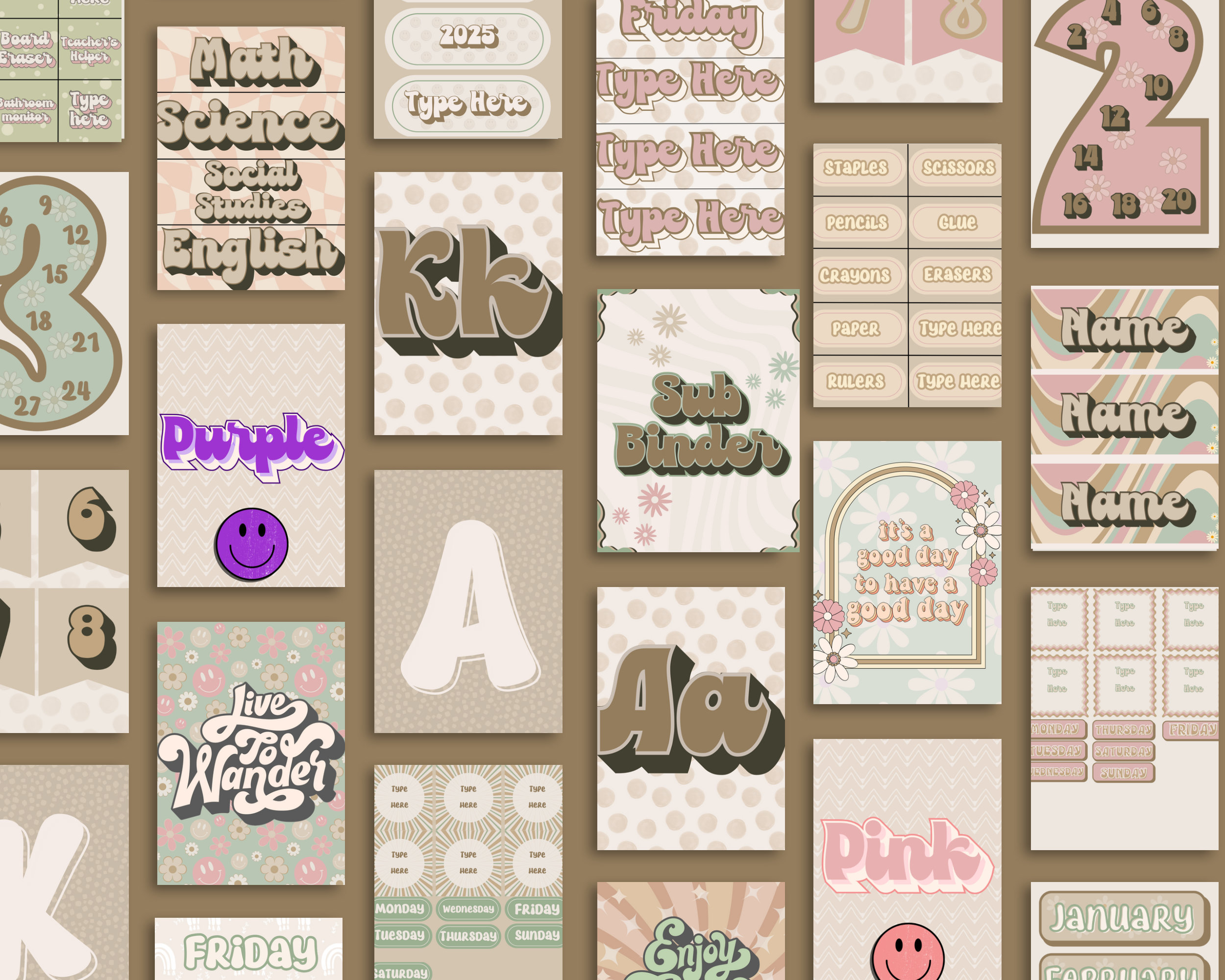 Neutral Retro Classroom Decor Bundle, Editable Canva Template for ...