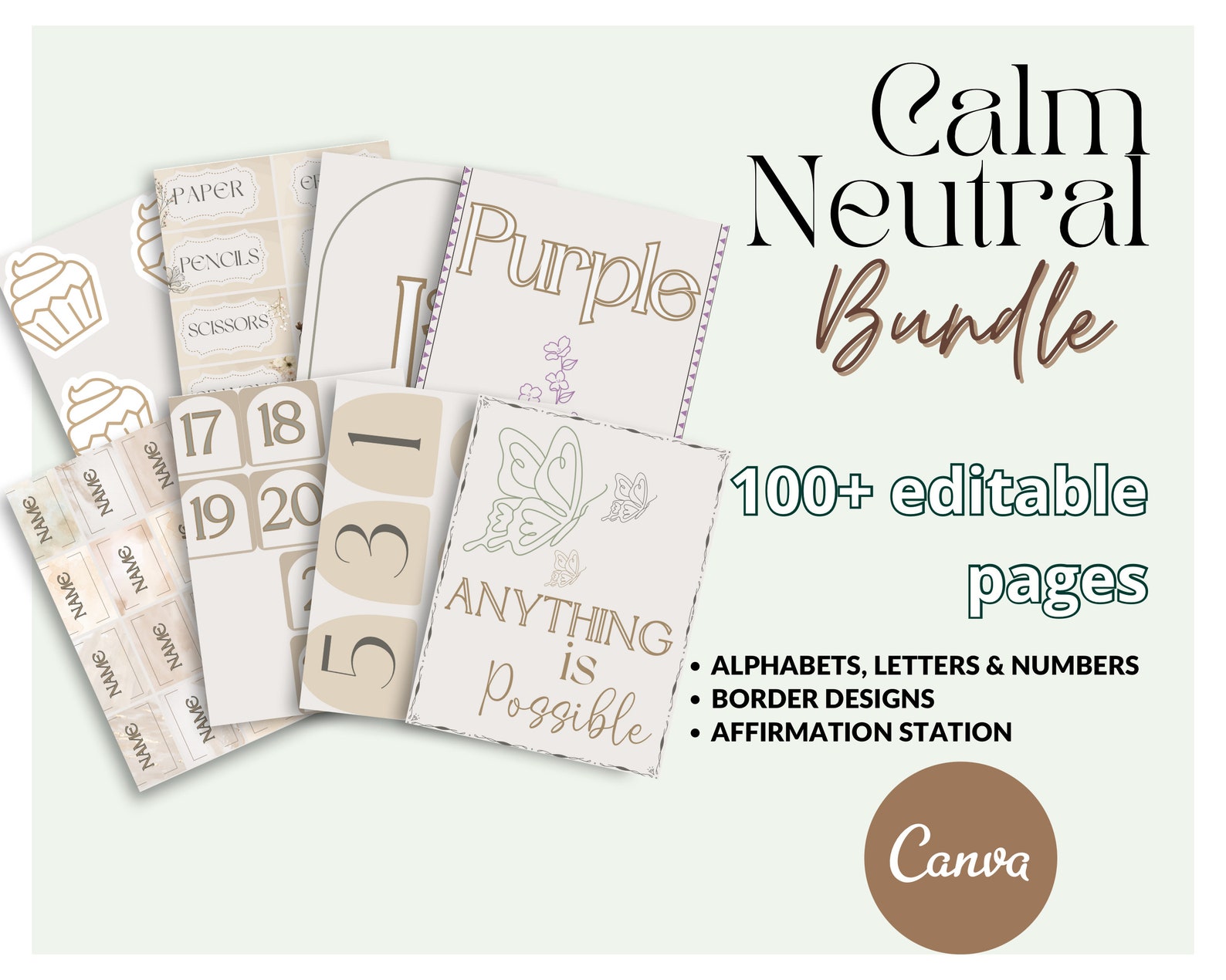 Boho Neutral Classroom Decor Bundle, Editable Canva Template for ...