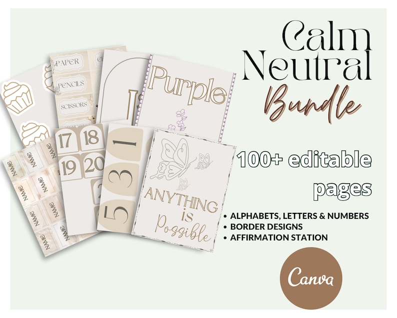 Boho Neutral Classroom Decor Bundle, Editable Canva Template for ...