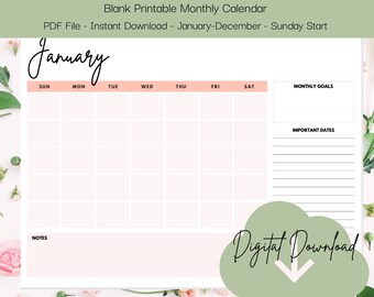 Monthly Blank Elegant Calendar, Watercolor Printable Calendar, Instant ...