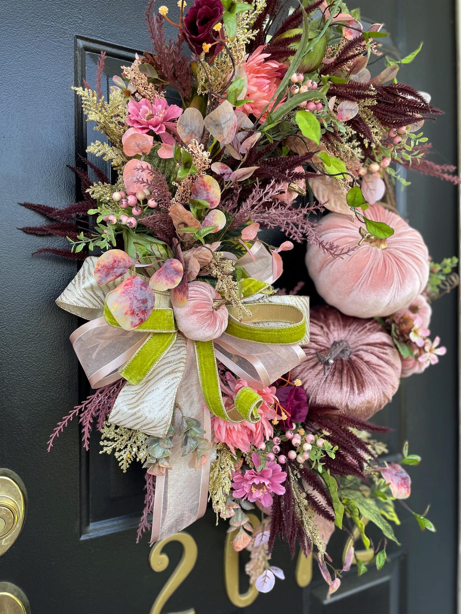 Elegant Fall Pink and Mauve Velvet Pumpkin Wreath, Autumn Wreath, Fall ...