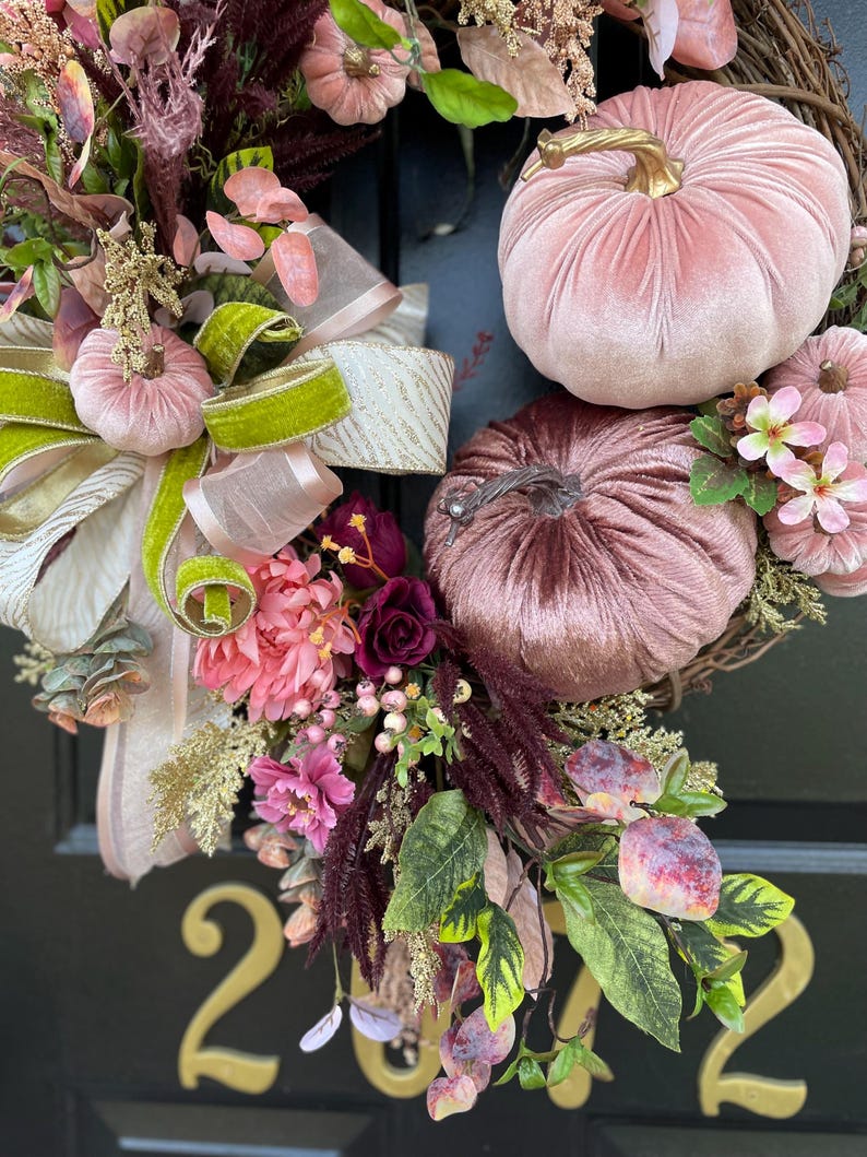 Elegant Fall Pink and Mauve Velvet Pumpkin Wreath, Autumn Wreath, Fall ...