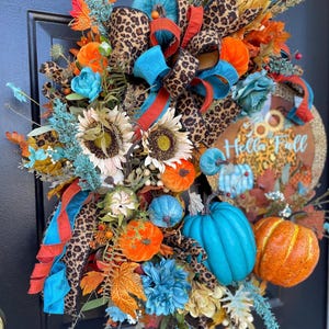Rustic Fall Wreath With Teal Pumpkins, Cream Sunflowers, & “hello Fall ...