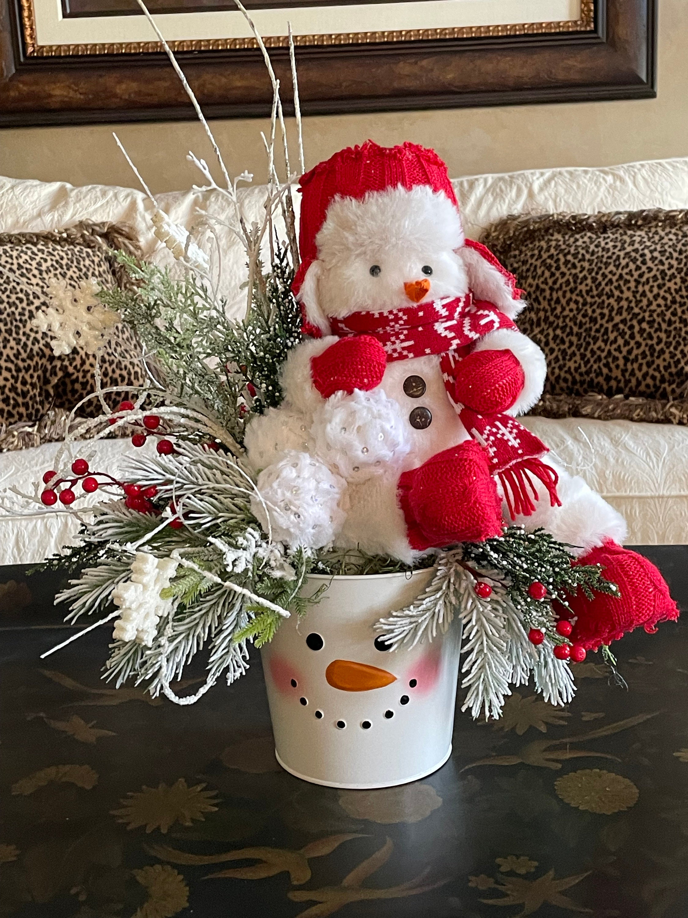 Chillin Wintery Snowman Bucket Arrangement With Bundled Snowboy Wearing ...