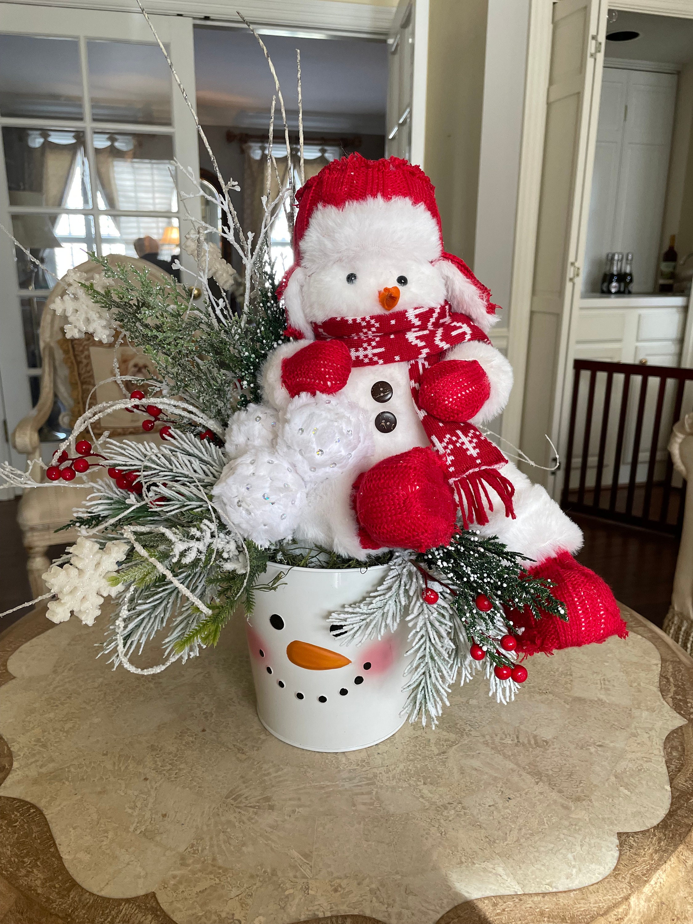 Chillin Wintery Snowman Bucket Arrangement With Bundled Snowboy Wearing ...