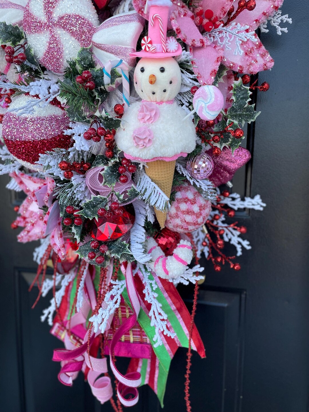 XL Candyland Winter Swag: Snowman Ice Cream Cone, Glitter Candy - Etsy